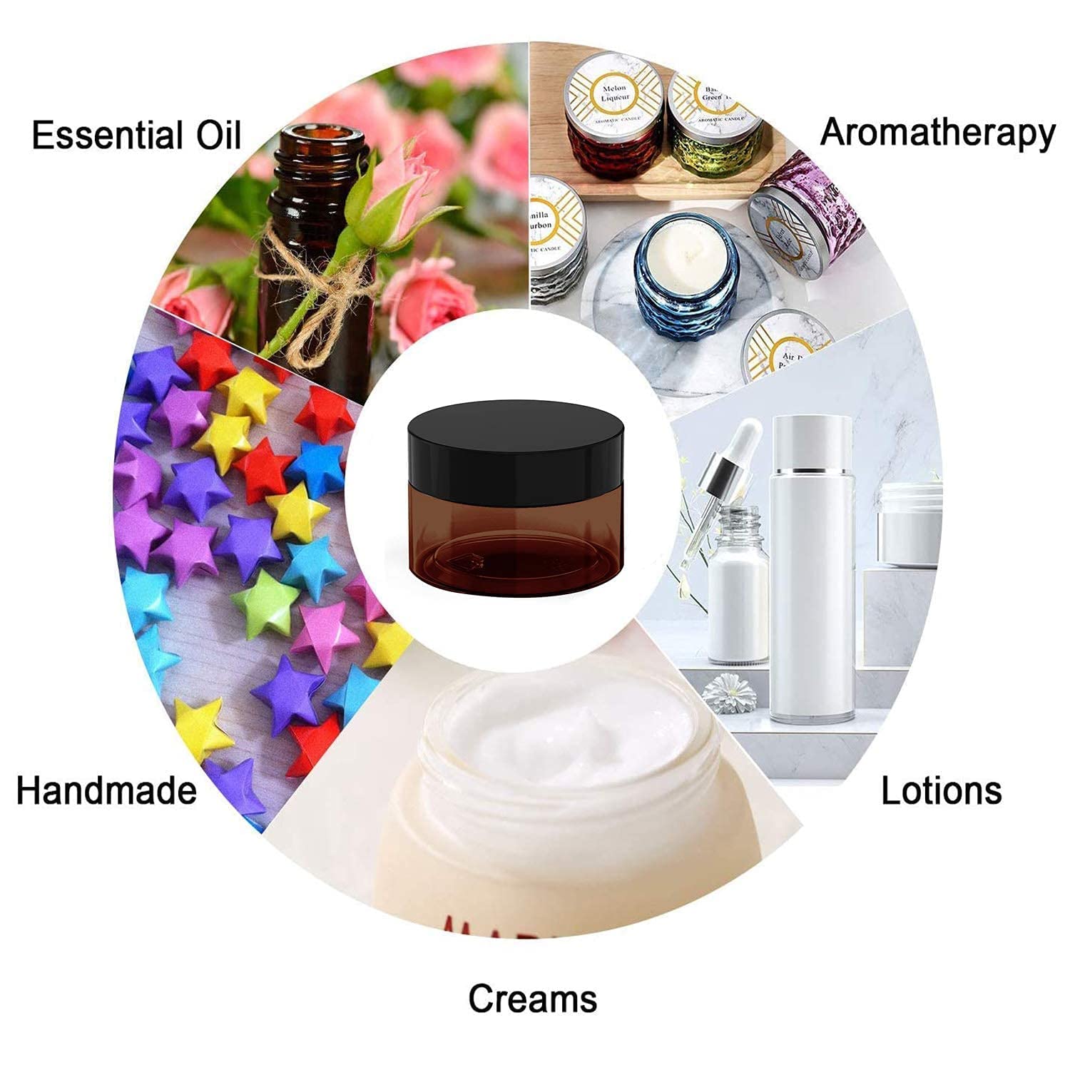 4 oz Amber Plastic Cosmetic Jars Leak Proof Container with Black Lid for Cream, Lotion, Powder, ointment, Beauty Products etc, 12 Pcs.