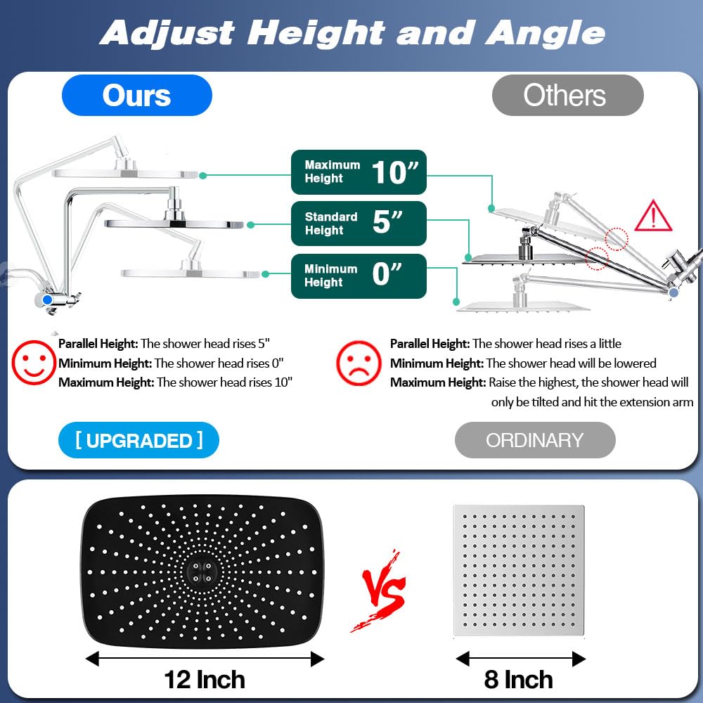 12" Rain Shower Head with Handheld Spray 4 Settings High Pressure Shower Head Rainfall Showerhead with Handheld Sprayer + 12" Shower Head Extension Arm,79" Shower Hose, 12" x 8" Rectangle Shower Heads