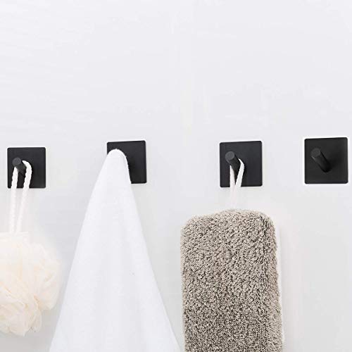Celbon 4PC Self Adhesive Bath Towel Hook Black Sticky Stainless Steel Robe Hooks Heavy Duty Door Hooks for Bathrooms,Kitchen,Lavatory Closet (Square, 2PC)