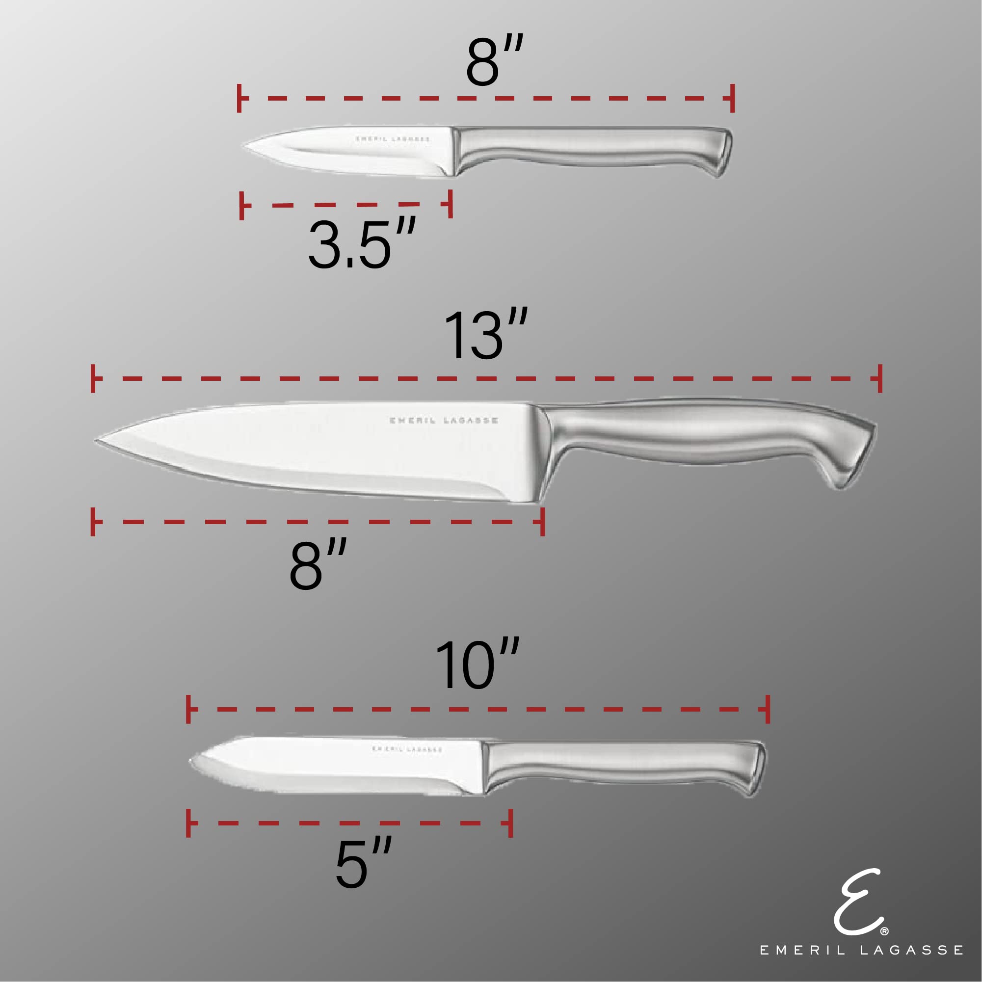 Emeril Lagasse 3-Piece Stainless Steel Kitchen Knives Set - 8β Chef Knife, 5" Utility Knife, & 3.5" Paring Knife - Slice Fruit & Meat Effortlessly