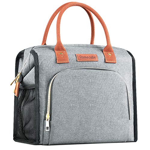 Homecube Lunch Bag Insulated Lunch Box Wide Open Lunch Tote Bag with Pockets Large Capacity Multi-Function for Women Men Light Grey