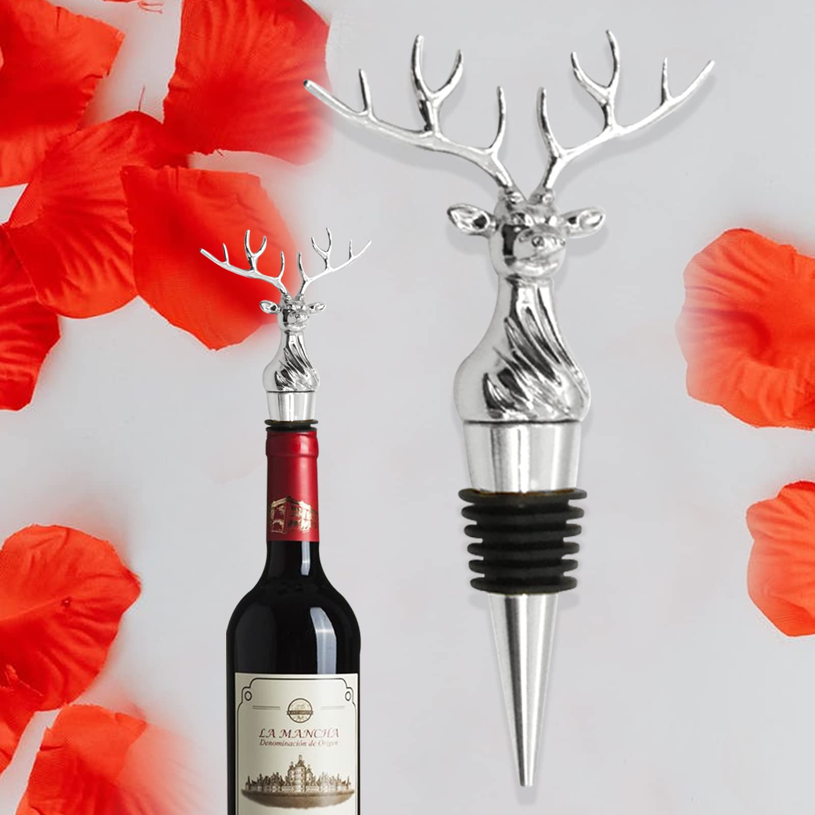 2 Packs Deer Wine Stoppers,Reusable Alloy Wine Bottle Accessories Stoppers for Home Bar or Party (Sliver+gold)