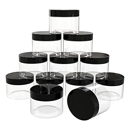 4 oz Plastic Pot Jars Round Clear Leak Proof Plastic Cosmetic Container Jars with black Lids for Cosmetic, Lotion, Cream, Eye shadow, 12 Pcs.