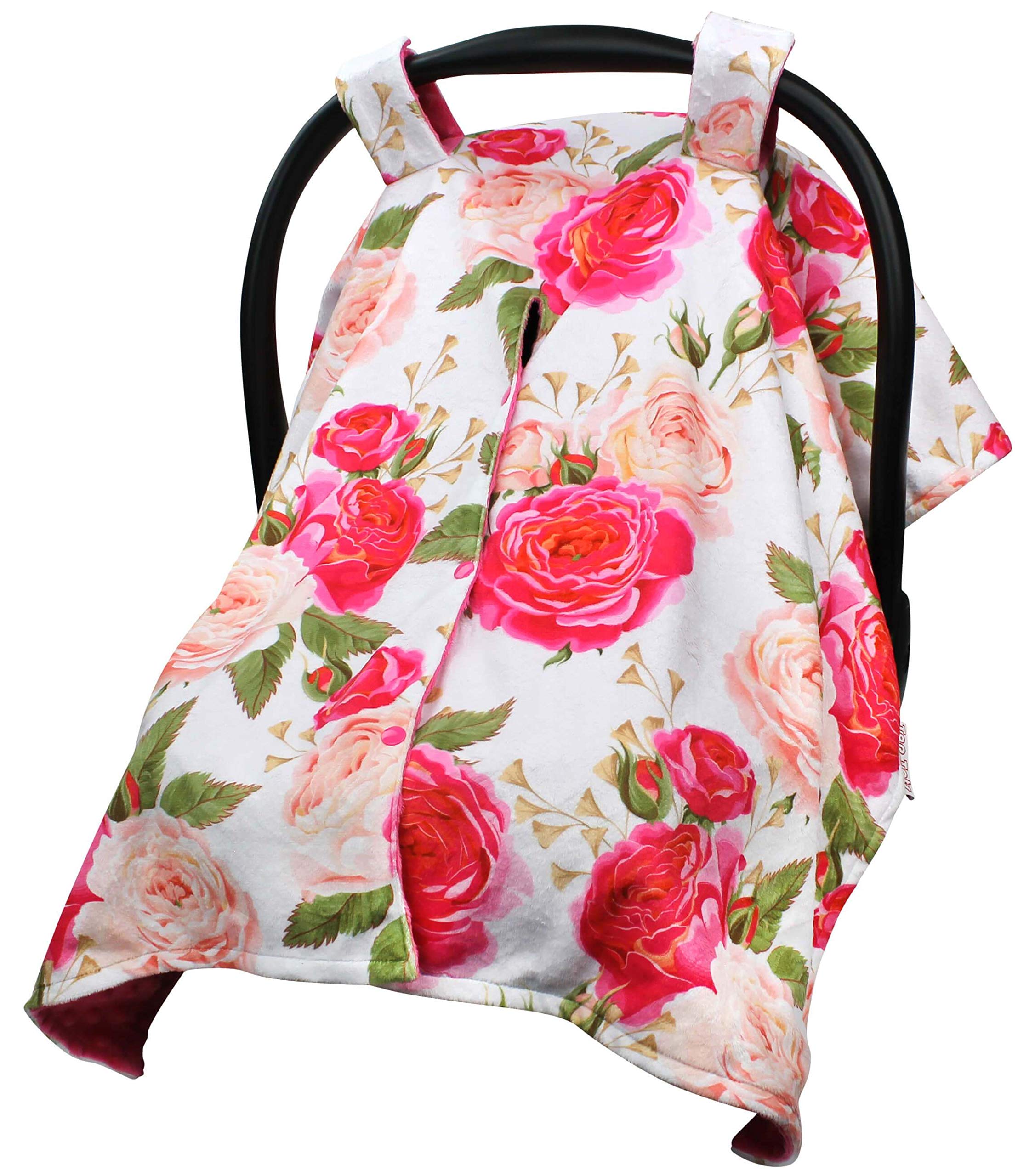 Baby Car Seat Canopy Cover - Hot Pink on White Roses