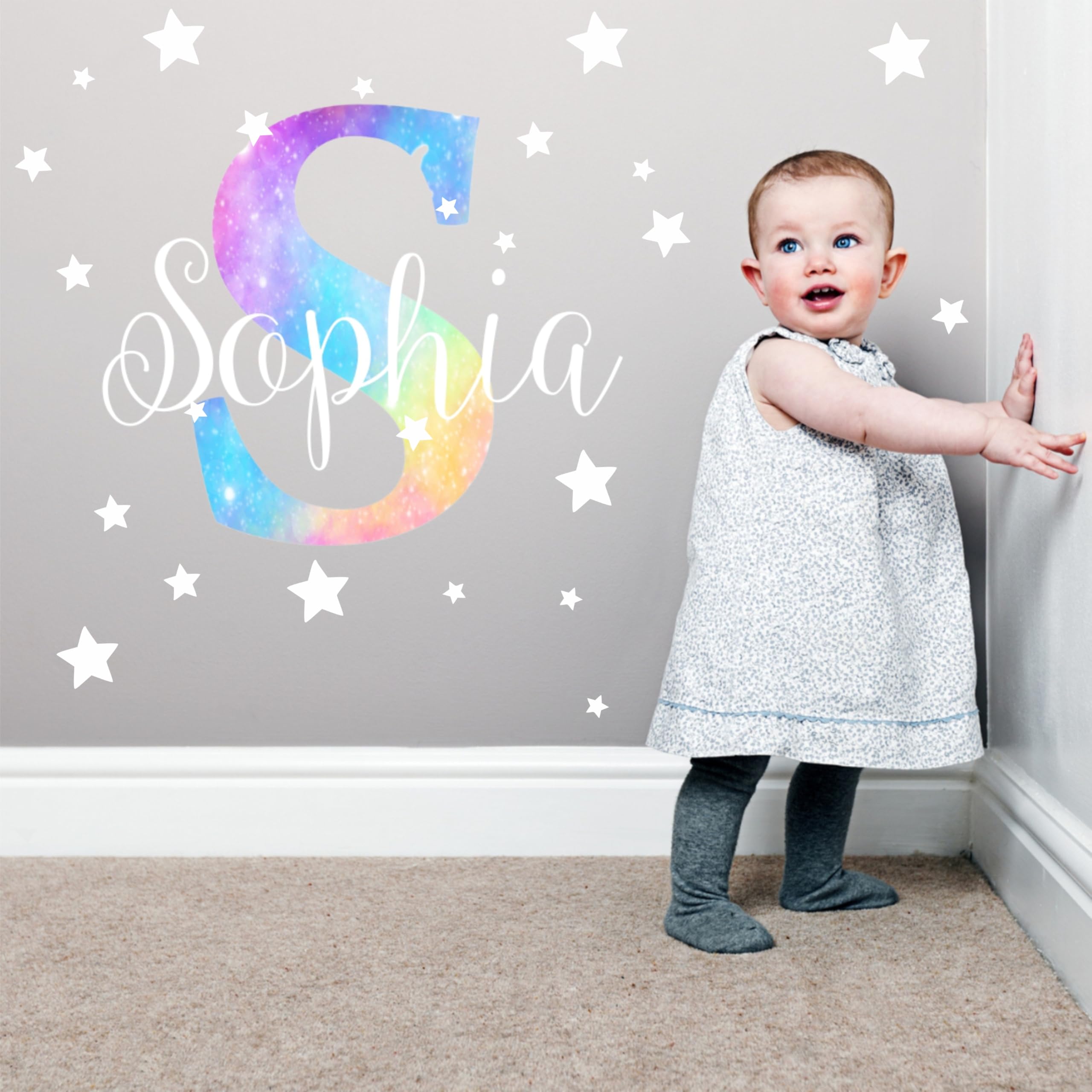 Girls Nursery Shimmer Rainbow Printed Initial and Stars Custom Personalized Name and Initial Kids Vinyl Wall Decal, Wall Sticker Decor for Babies (Multi-Size Choices). (Shimmer Rainbow)