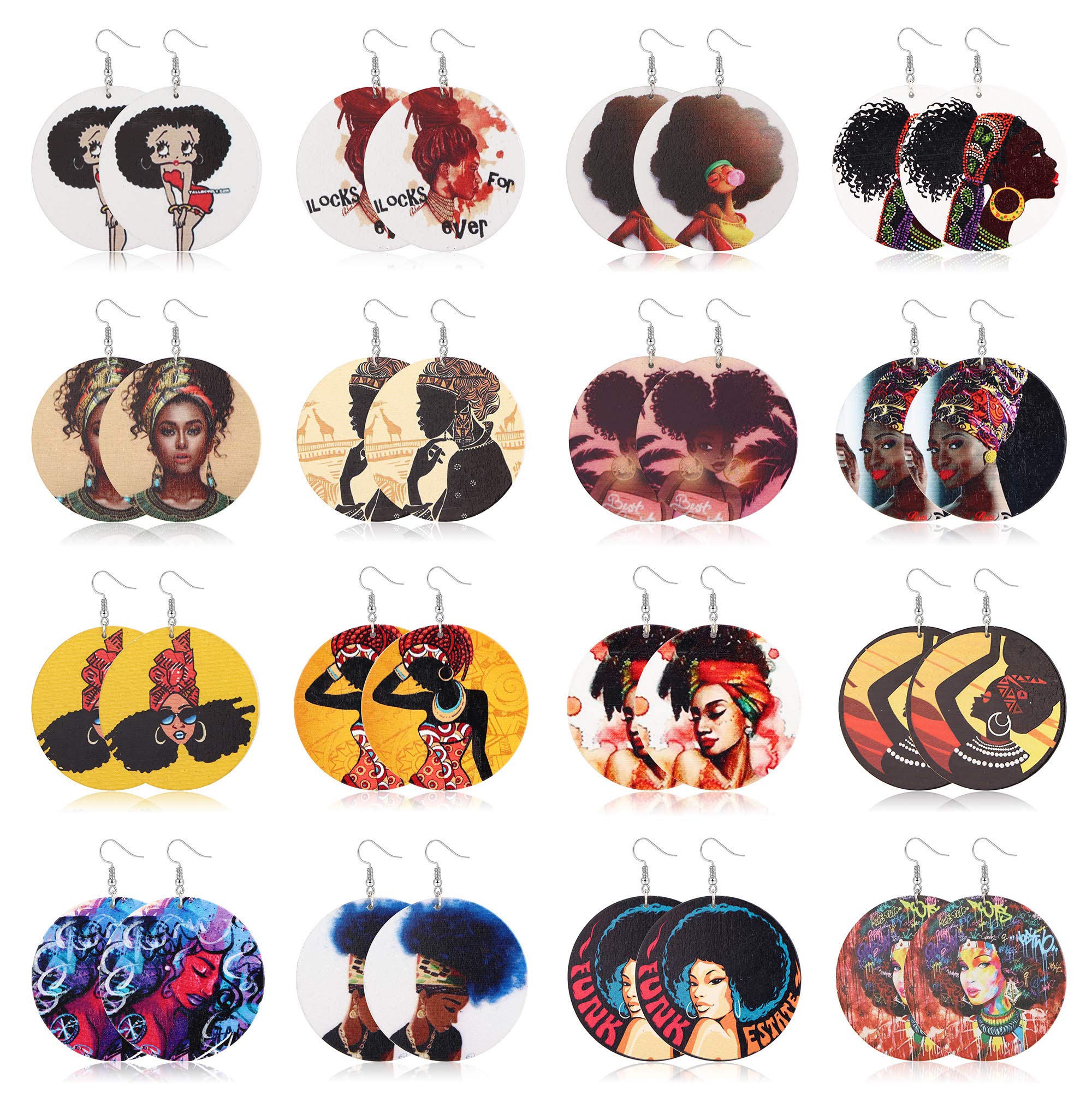 16 Pair Round African Women Earrings Wooden Painted Ethnic Style Dangle Earring Geometric Personalized Earrings