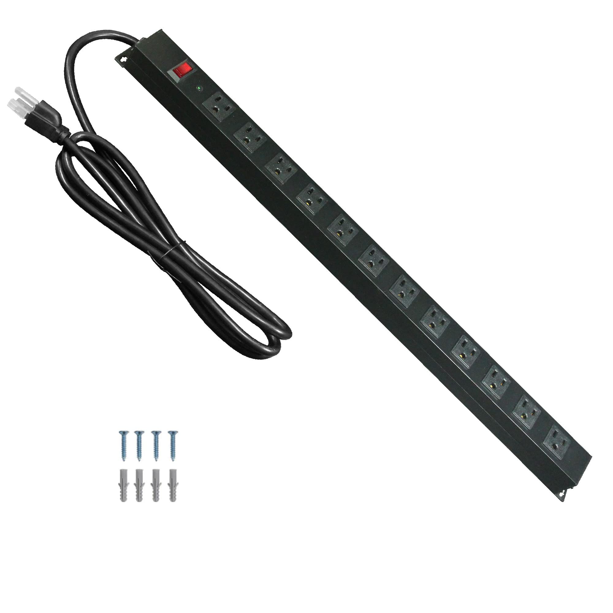 12 Outlet Wall Mount Metal Power Strip,Full Metal Housing Industrial Long Surge Protector,1000 Joules 15A Breaker 6ft Extension Cord,Heavy Duty for Home Office Workshop Garage-SGS Listed (Black)