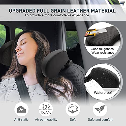 KUNGKIC Car Headrest Pillow,Full Grain Leather,U Shaped Car Seat Adjustable Head Neck Support,Sleeping Travel Car Pillow,Sleep Cushion Car Side Pillow for Kids Adults Elders (Black)