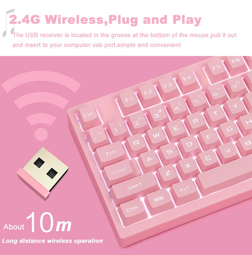 Rechargeable Keyboard and Mouse,Soke-Six 2.4G Wireless Mechanical Feel Backlit Gaming Keyboard Mice Combo Home Office Gamer Design Use for Laptop Pc Mac (Pink)