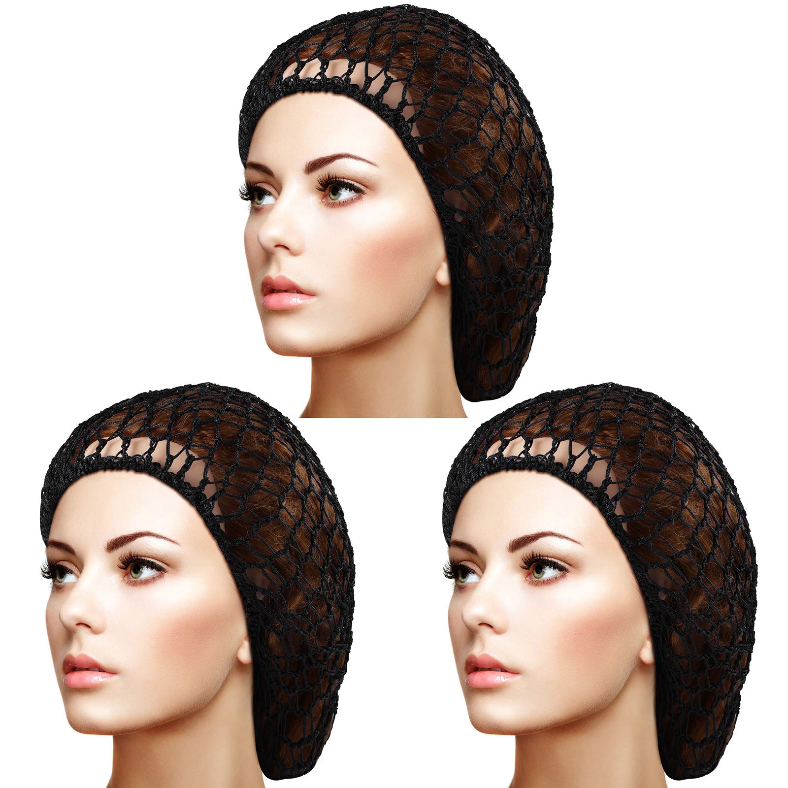 Giugu 3 Pieces Mesh Hair Net Soft Rayon Knit Snood Hat Sleeping Crochet Hairnet Long Hair Net Snoods Cover Crocheted Hair Net Cap Hair Covers for Women Hair Accessories (Black), 3 Count (Pack of 1)