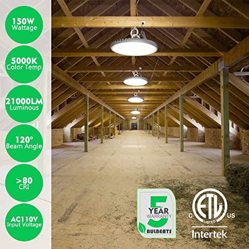 bulbeats LED High Bay Light 150W, 21000Lm (Eqv.600W MH/HPS) UFO high Bay LED Light, 5000K Daylight ETL Listed Bay Lighting with US Plug Energy Saving Upto 1100KW*4/Y(5Hrs/Day) -4Pack
