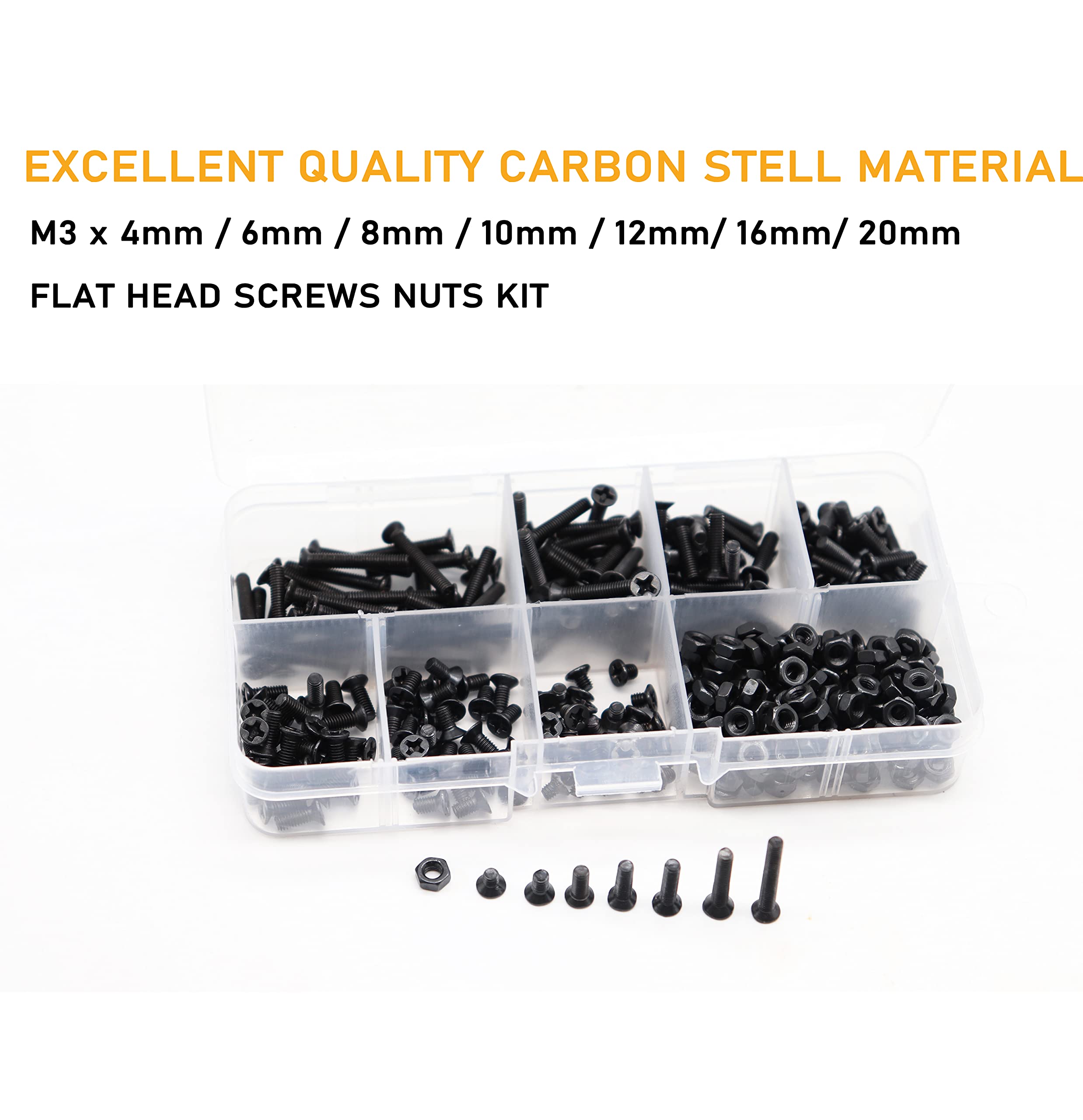 binifiMux M3 Screws Kit, M3 Flat Head Machine Screws, 360pcs (7 Sizes) M3-0.5mm Black Countersunk Flat Head Phillips Machine Screws and Hex Nuts Kit for 3D Printer Robot Project Toys RC Models