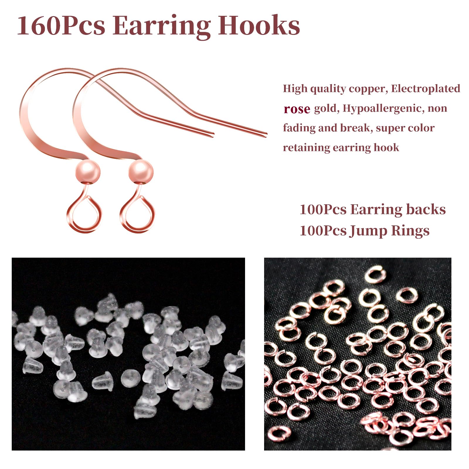 160 PCS/80 Pairs Earring Hooks Rose Gold Tone Plated Hypoallergenic Ear Wires Fish Hooks with 100 PCS Clear Silicone Earring Backs and 100 PCS Jump Rings Earring Finding for DIY Jewelry Making
