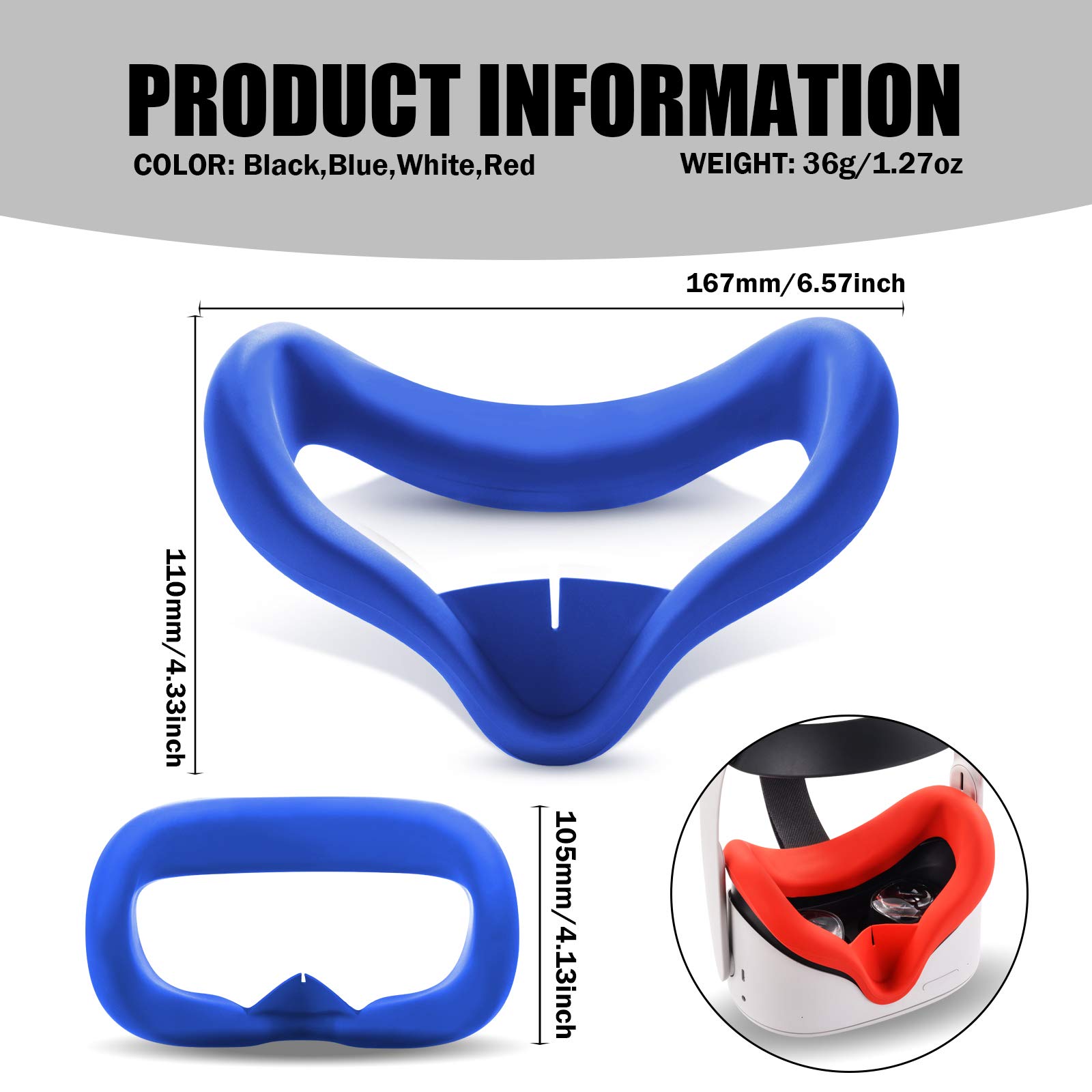 10PCS Set VR Silicone Face Cover Compatible with Oculus Quest 2 Accessories, Sweat-Proof Lightproof Non-Slip Washable Replacement (Blue/Black/Red/White),Len Protector,Disposable Eye Cover