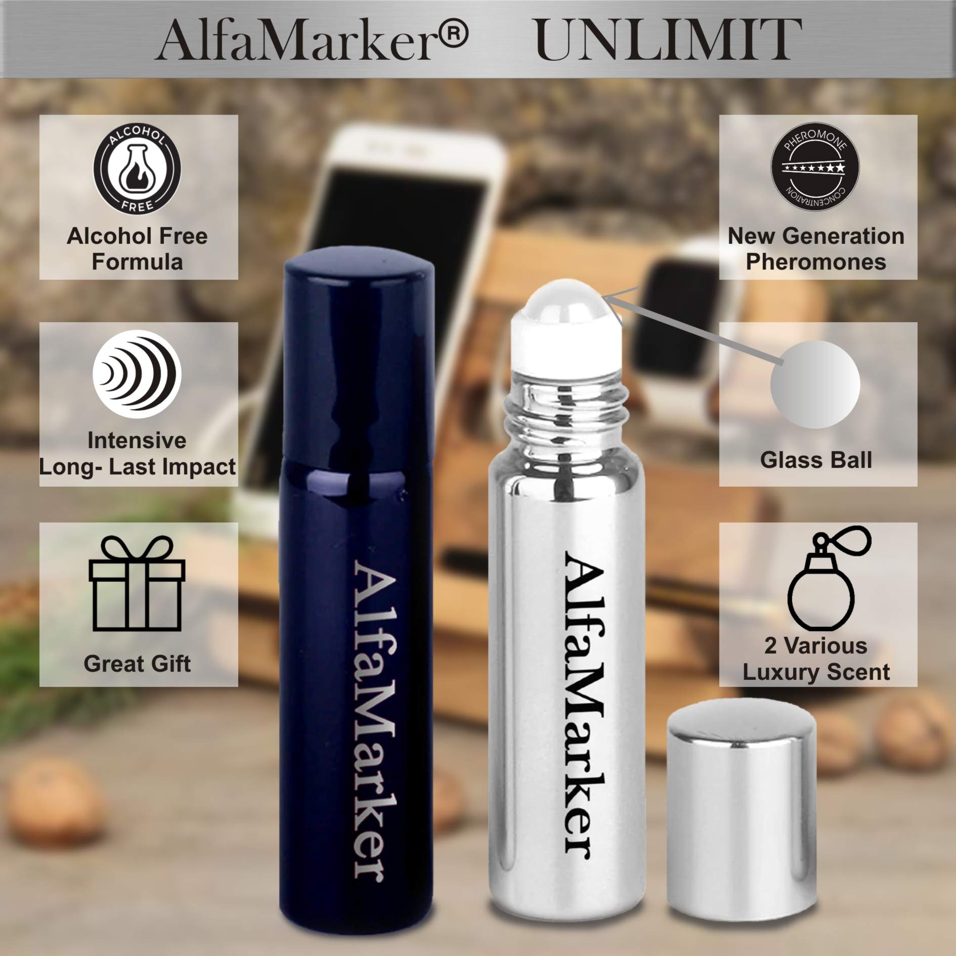 ALFAMARKER Unlimit - Pheromone Cologne for Men - Men`s Pheromone Oil Perfume Set 2x5 ml - Great Holiday Gift - Long-Lasting Scent
