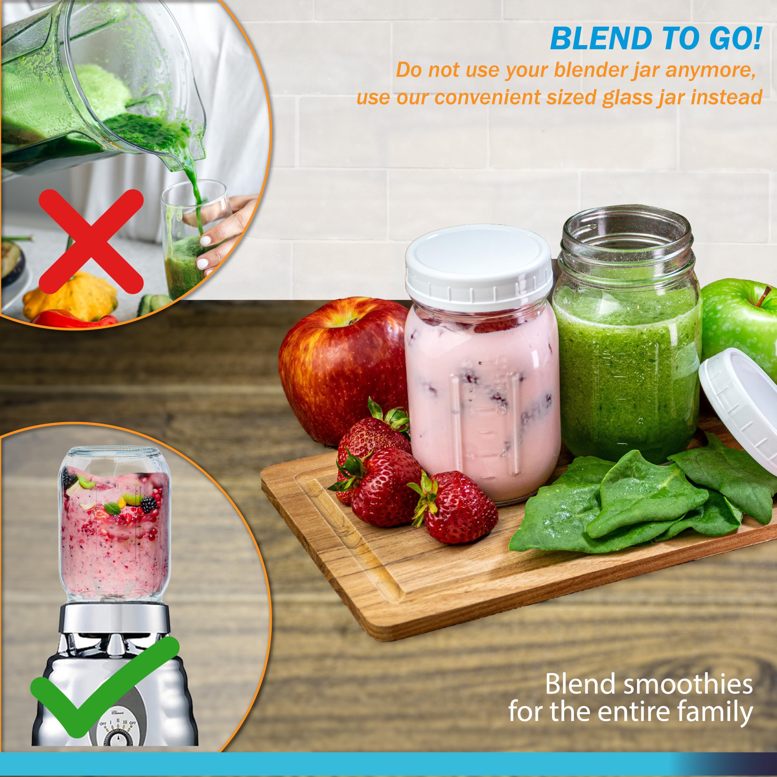 12 oz Glass Jars with Lid, Fits Most Oster Blenders for Blending Smothies and Storing Pickles, Honey, Spice, Candy, Jam, Overnight oats, Meal Prep Containers (2)