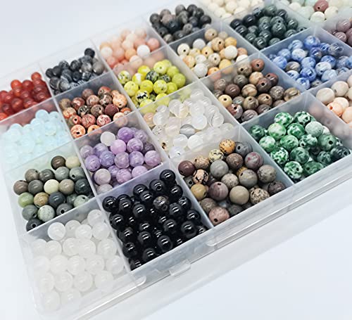 1200pcs 6mm Natural Round Stone Beads Gemstone Beading Loose Gemstone Beads Hole Size 1mm DIY Smooth Beads for Bracelet Necklace Earrings Jewelry Making,Box Packed (24 Material -2,6mm)