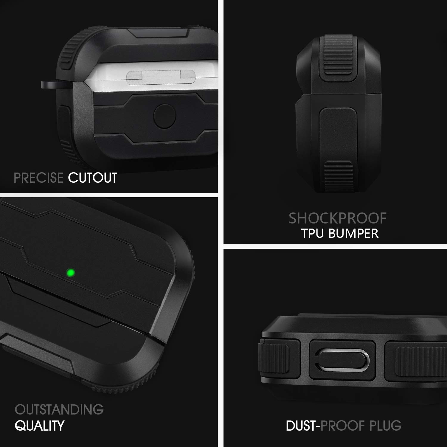 AirPods Pro Case Cover, Shock-Resistant Military Protective Men AirPod Pro Cases Accessories with Metal Carabiner Keychain, Designed for Apple AirPods Pro Wireless Charging Case (Black)