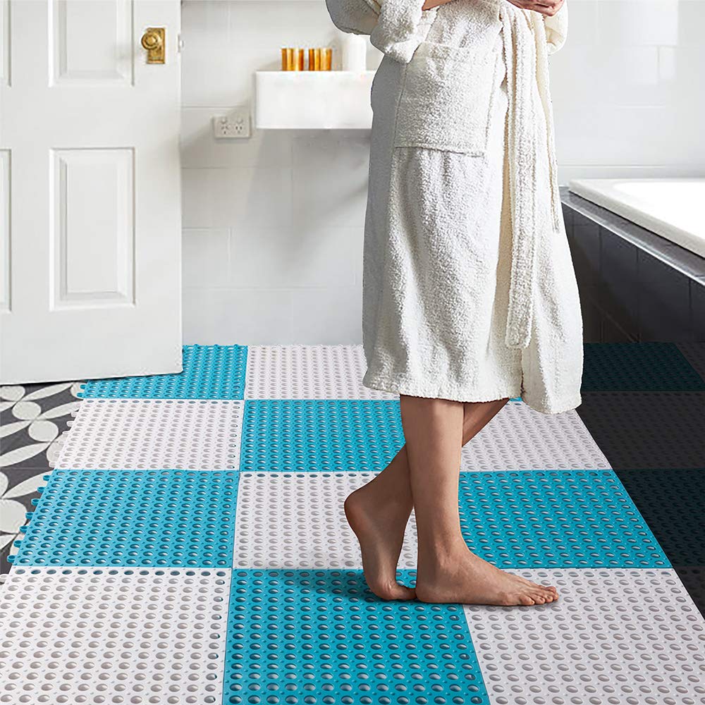 12PCS Interlocking Soft PVC Floor Tiles, No-Slip Pool Shower Bathroom Kitchen Mat with Drain Hole 11.75'' x 11.75'' Decking Tiles Outdoor and Indoor