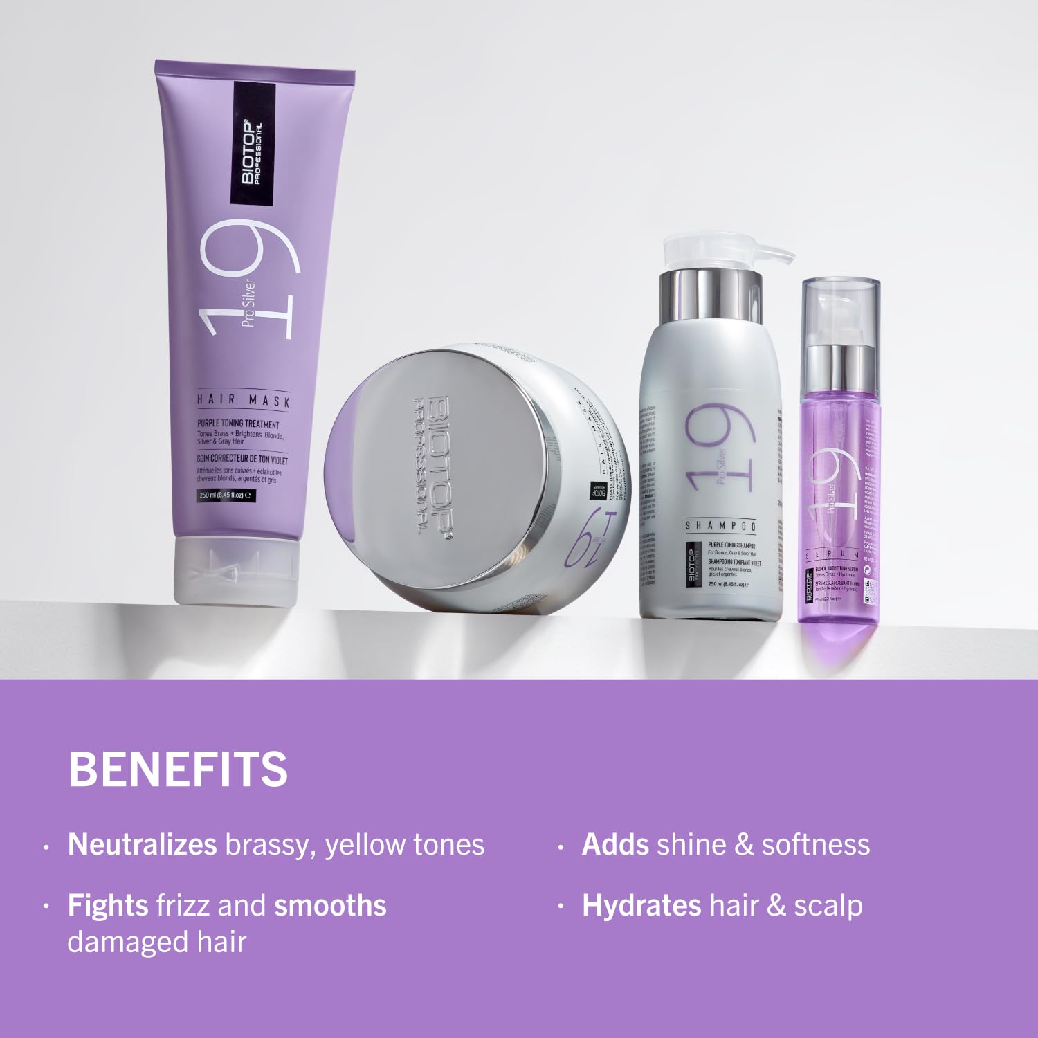 Biotop Professional 19 Pro Silver Shampoo - Purple Shampoo to Neutralize Yellow and Brassy Tones - Made with Sunflower Oil and Vitamin E - For Blonde or Bleached Hair - 8.45 oz