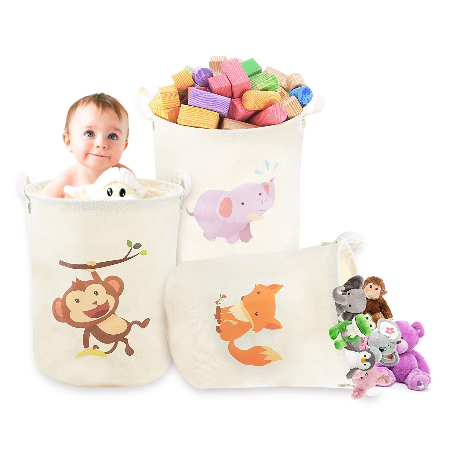 3-Pack Heavy Duty Large Nursery Toy Storage Baskets Bins with handles, Cute Animal Designs, Great For Toys, Laundry and Kids Clothing