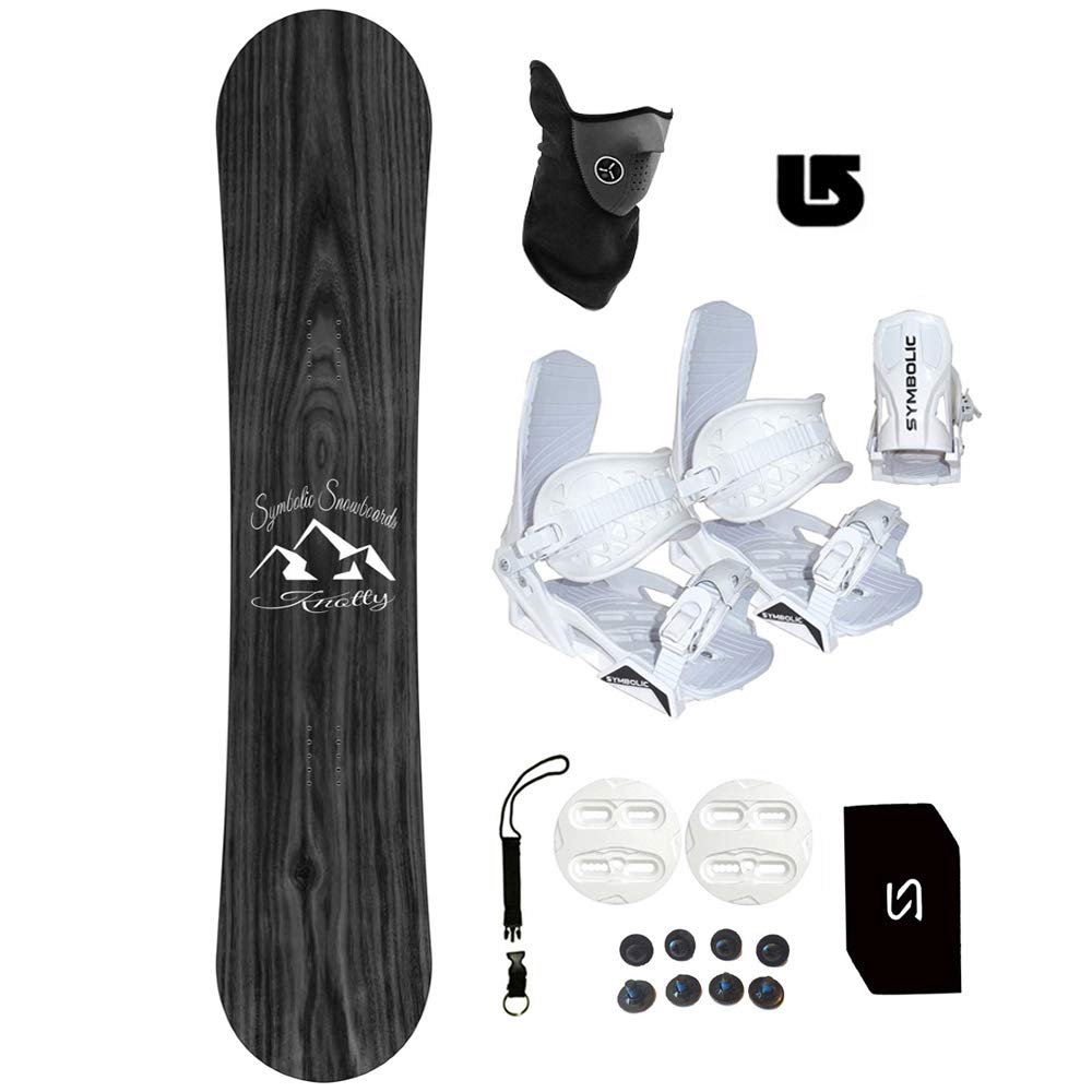 140-155cm Symbolic Knotty Snowboard +Wht Bindings Package +Leash+Stomp+Face Mask+Burton Decal (Bindings White S/M Men(fit 5-8.5), 140cm Rocker)