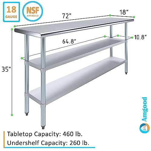 72" Long X 18" Deep Stainless Steel Work Table with 2 Shelves | Metal Food Prep Station | Commercial & Residential NSF Utility Table