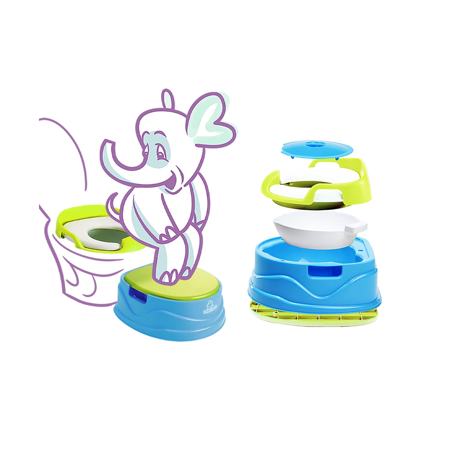 Babyloo 3 In 1 Bambino Booster Potty Training System with Free Standing Potty, Step Stool, and Toilet Mount for 1 to 6 Year Olds, Blue and Green