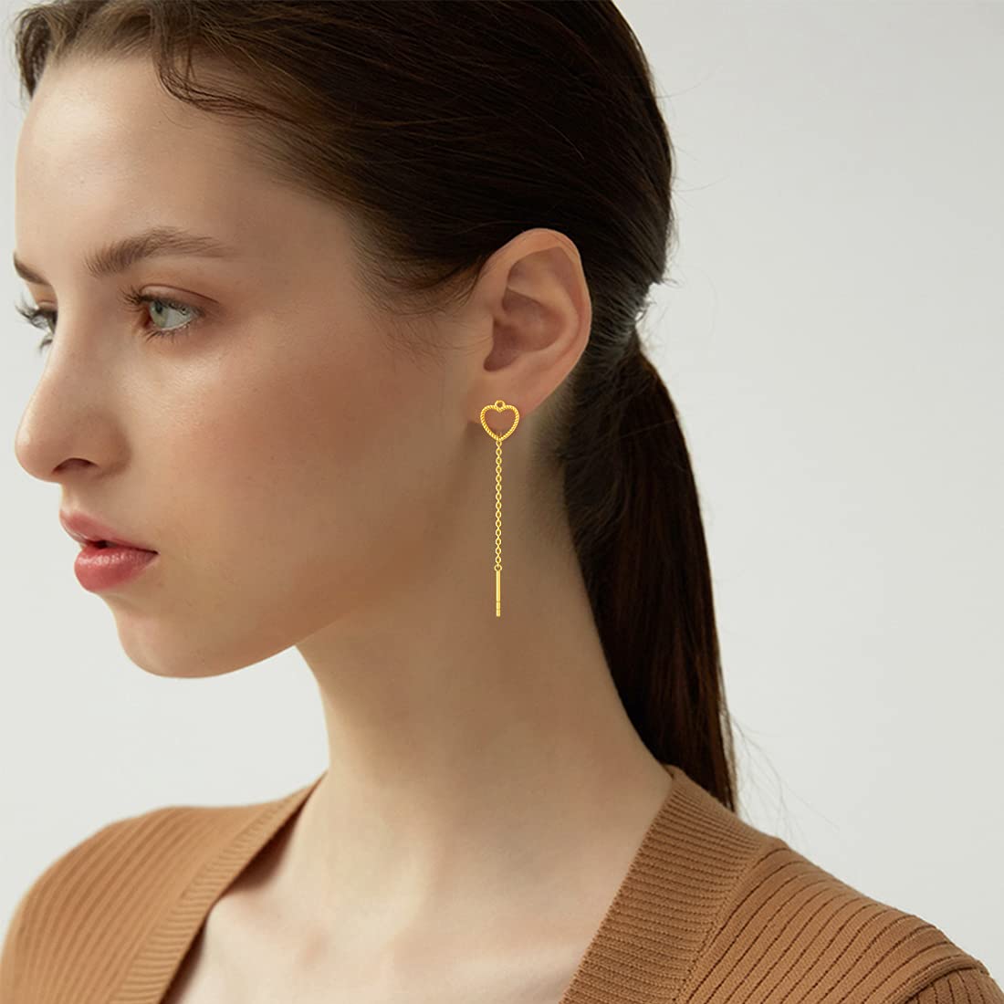 14k Yellow Gold Moon/Star/Square/Circle/Heart Threader Drop Dangle Earrings Jewelry for Women (style 3)