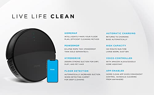 iHome AutoVac Eclipse, Robot Vacuum Cleaner, Self Charging Vacuum Robot, Mopping Function, 2,000 PA Suction, APP Control, Mapping Technology, Set Schedules, Ideal for Pet Hair, Carpets & Hard Floors