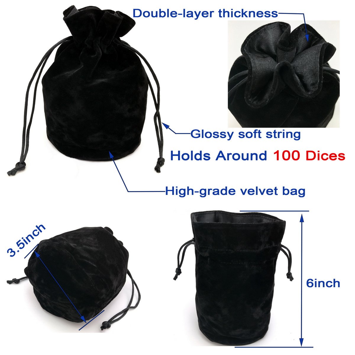 5 Sets New Black Polyhedral Dice with Satin-Lined Velvet Bag for Dungeons and Dragons DND RPG MTG D20 D12 D10 D8 D6 D4