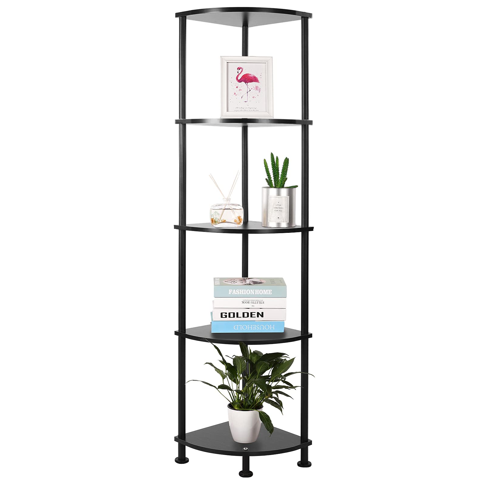 5 Tier Corner Shelf Elevtab, Multipurpose Corner Shelf Stand Storage Bookshelf Tall Bookcase,Plant Stand Corner Shelf Unit for Living Room,Bedroom,Bathroom and Garden,Black shelves for Home and Office