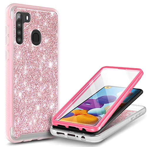 E-Began Case for Samsung Galaxy A21 with [Built-in Screen Protector], Full-Body Protective Shockproof Rugged Bumper Cover, Impact Resist Durable Case -Glitter Shiny Bling Rose Gold