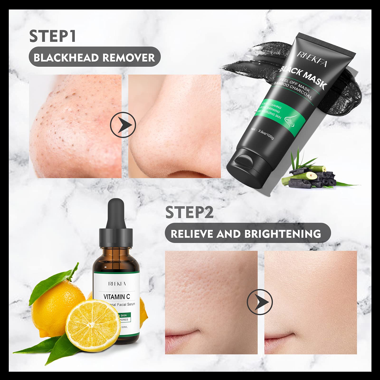 Blackhead Remover Mask Kit 4-in-1 Peel Off Charcoal Face Mask with Vitamin C Serum Blackheads Extractor Tools, and Silicon Brush, Purifying Deep Cleansing Blackheads Acne Mask for Women and Men, 100 g