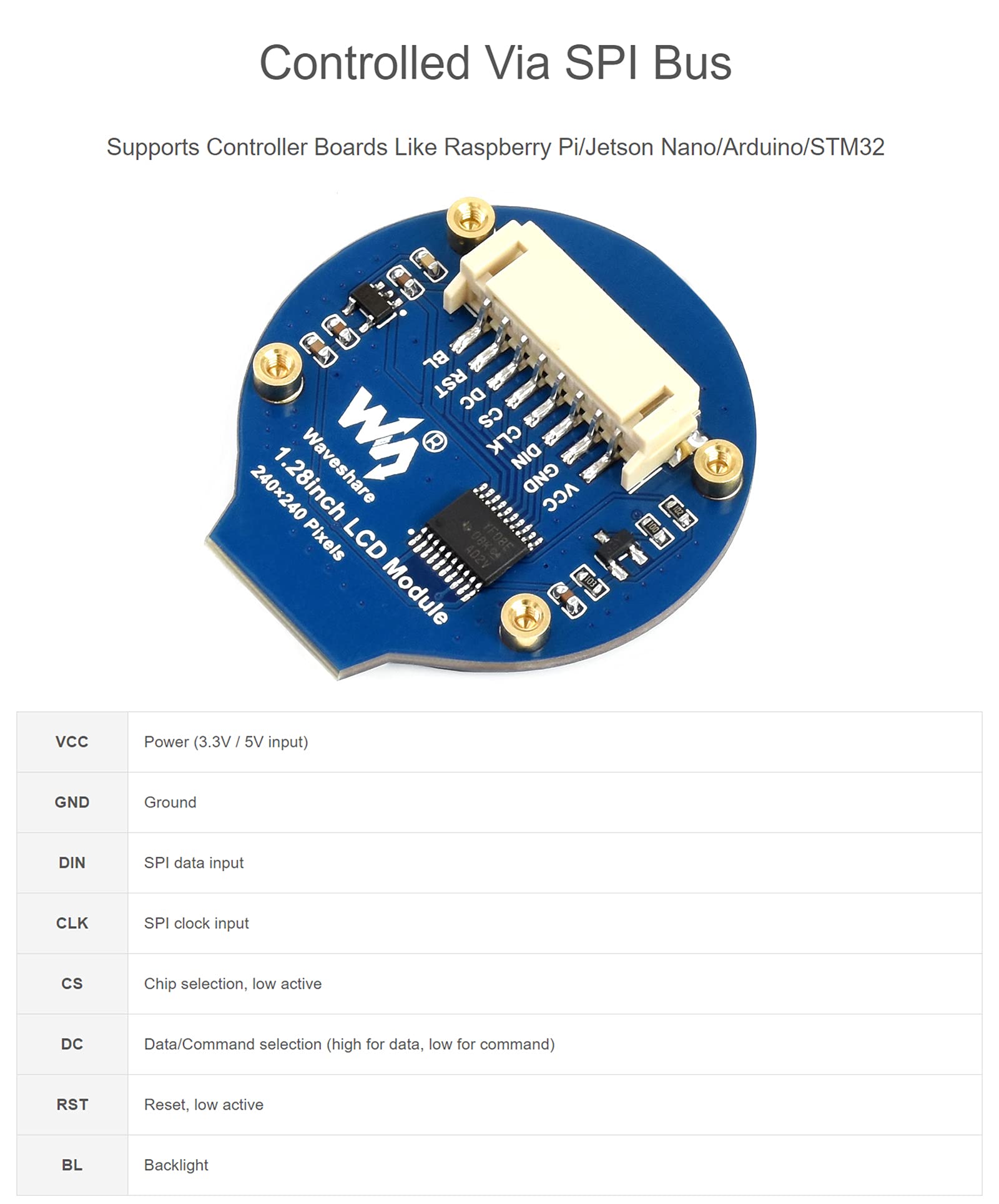 waveshare 1.28 inch Round LCD Display for Arduino/Jetson Nano/Raspberry Pi/STM32, 240×240 IPS Screen Monitor 65K RGB Colors, Using SPI Bus, Embedded GC9A01 Driver