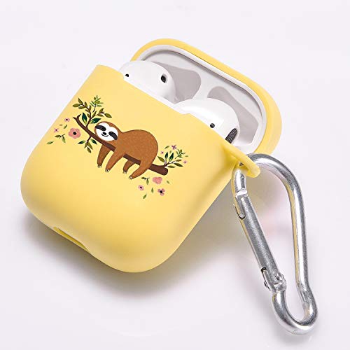 JOYLAND Yellow Case Cover for AirPod 1&2 w/Keychain Ring Carabiner Clip,Lovely Sloth Case Wireless Earphone Case Smooth Anti-dust Silicone Protective Cover Soft Skin Cute Case fr AirPods 1 & 2
