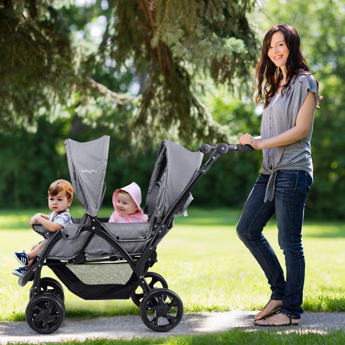 BABY JOY Double Stroller, Foldable Lightweight Twin Stroller with Tandem Seating, Adjustable Backrest/Canopy/Footrest, 5-Point Harness, Storage Basket, Double Stroller Newborn and Toddler (Gray)