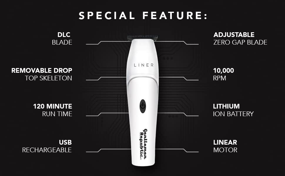 Gentlemen Republic Liner Professional Trimmer - 120 Minutes Runtime, Magnetic Linear Motor, Cordless Quiet Hair Trimmer for Barbers and Stylists with Black Diamond Carbon DLC Blade, White