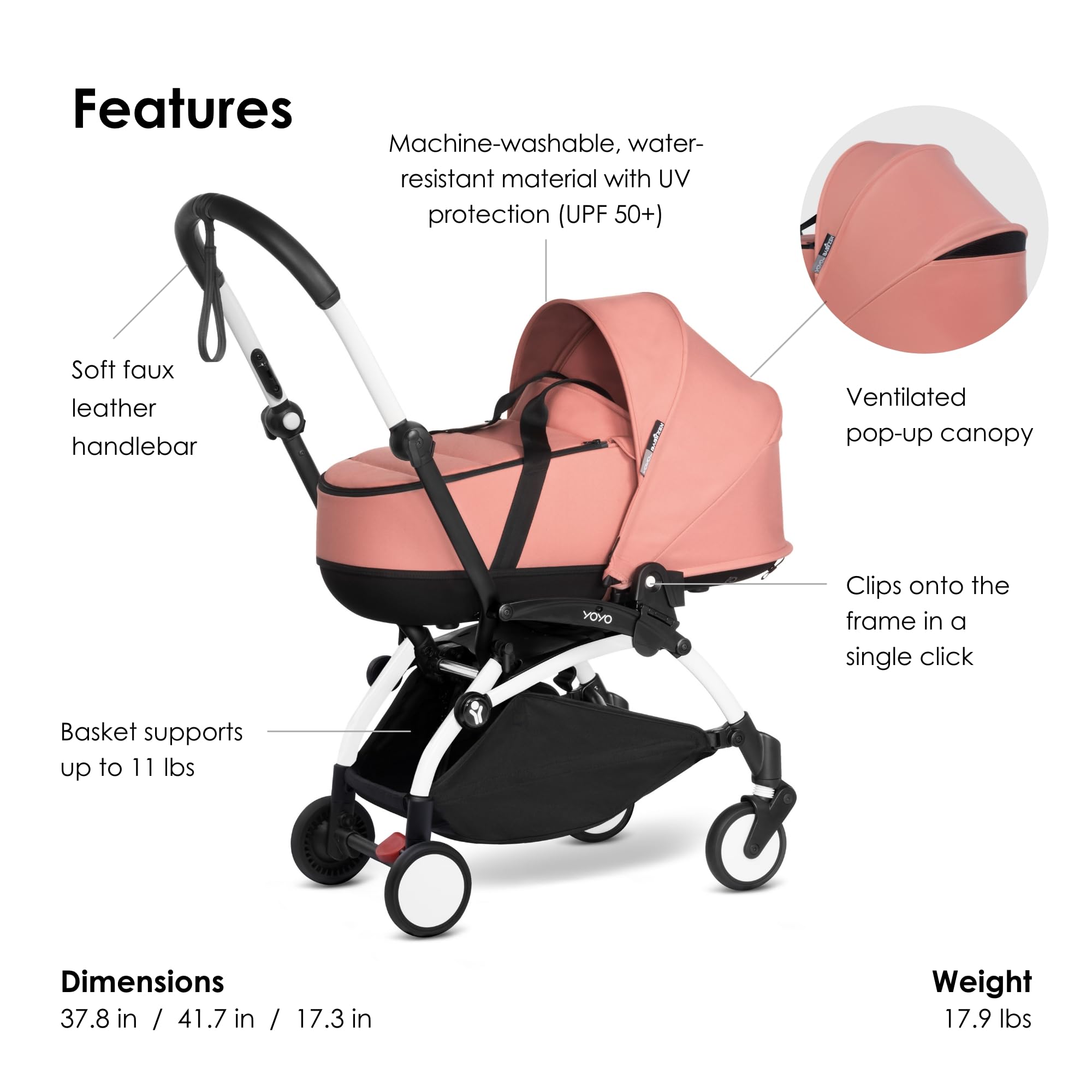 BABYZEN YOYO2 White Frame + Ginger Bassinet - Includes Thick Double Mattress, Ventilated Shell & Canopy