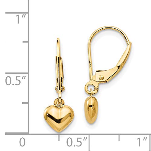 14K Yellow Gold Polished Puffed Heart Leverback Drop Dangle Earrings for Women