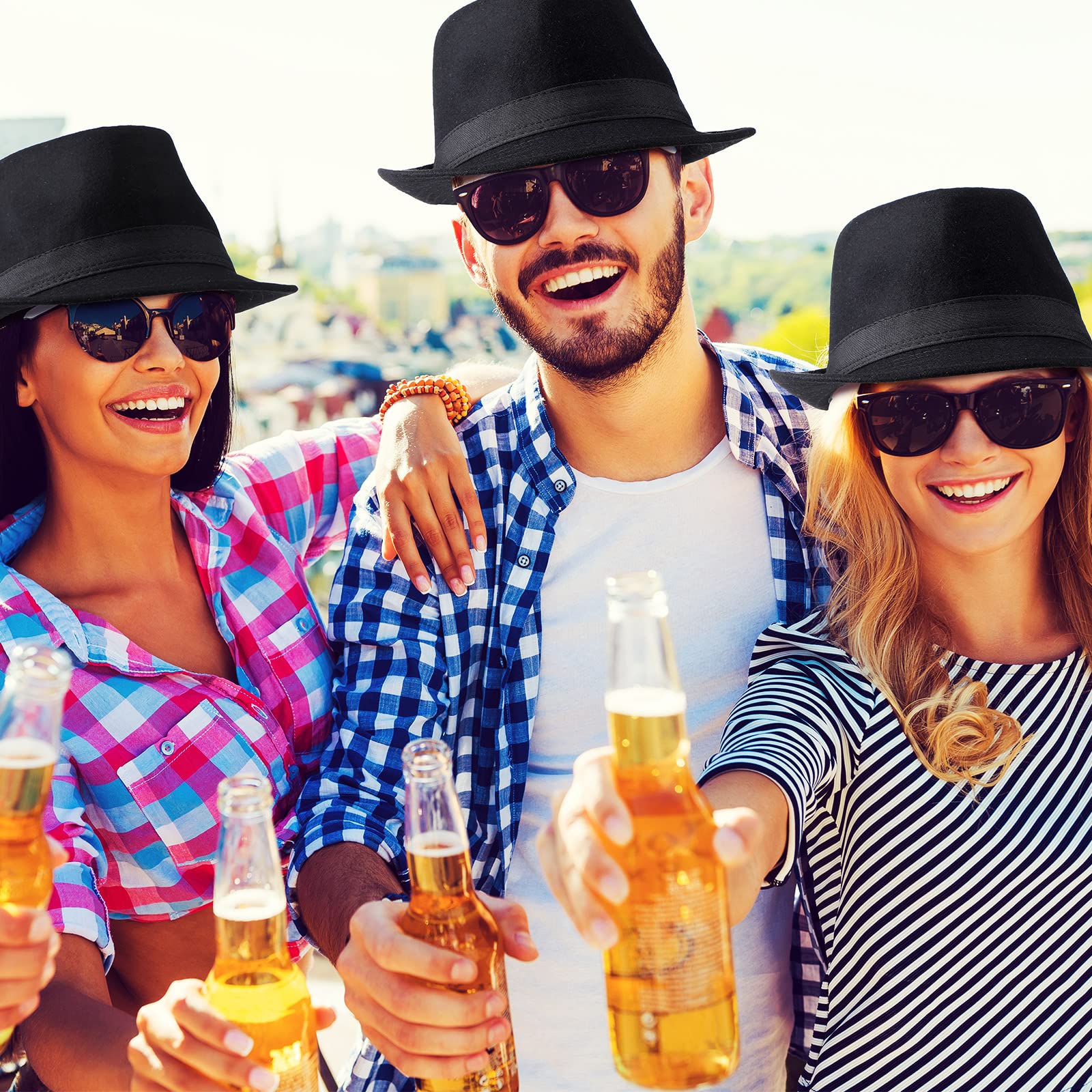 16 Pcs Straw Hats 1920s Classic Hats Short Brim Hat Summer Hats for Man Women Straw Hats Panama Hat (Black, Woolen)