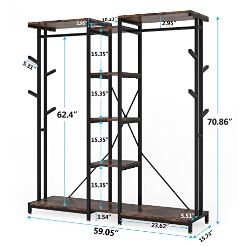 Tribesigns Extra Large Closet Organizer with Hooks, Free-Standing Closet Clothes Rack with Shelves and Hanging Rod, Heavy Duty Industrial Clothing Shelf Closet Storage System for Bedroom (rustic)
