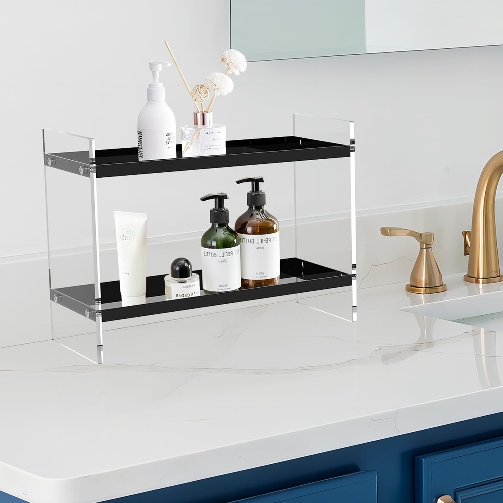 2 Tier Bathroom Countertop Organizer, Acrylic Tray Vanity Counter Skincare Organizer Shelf, Kitchen Standing Rack, Home Storage Holder for Lotion Makeup Cosmetics Perfume Spice