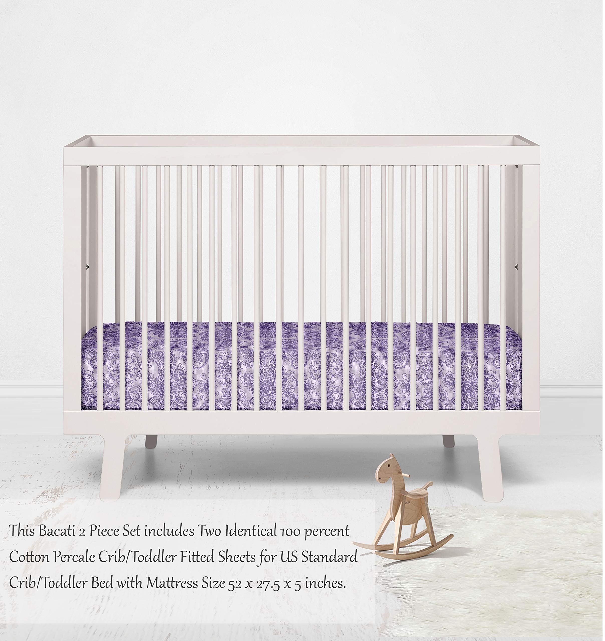 Bacati - 2 Pack Paisley Floral 100 Percent Cotton Percale Universal Baby US Standard Crib/Toddler Bed Fitted Sheets (Lilac Purple Scroll)