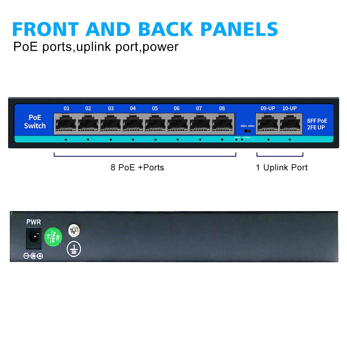 8 Port PoE Switch with 2 Uplink Ports, 120W Poe Switch, IEEE 802.3af/at, Unmanaged, Metal Housing, Fanless Design, PoE Switch for IP Cameras, PoE Devices