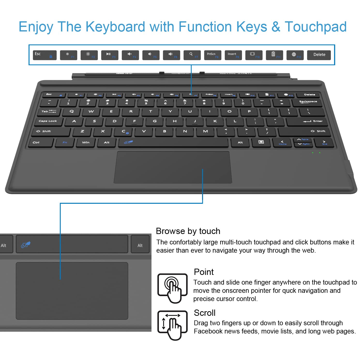 Arteck Microsoft Surface Pro Type Cover, Ultra-Slim Portable Bluetooth Wireless Keyboard with Touchpad Built-in Rechargeable Battery