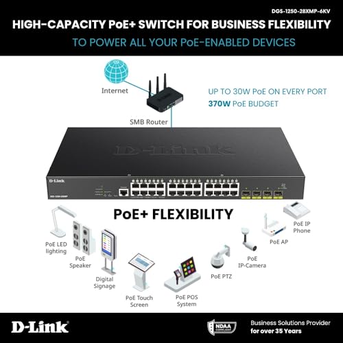 D-Link 28-Port Gigabit Smart Managed PoE+ Switch | 24 PoE+ Ports (370W) + 4 10G SFP+ Ports| L2+/L3 Lite |VLANs |Web Managed |Surveillance Mode | Rackmount | NDAA Compliant (DGS-1250-28XMP-6KV)