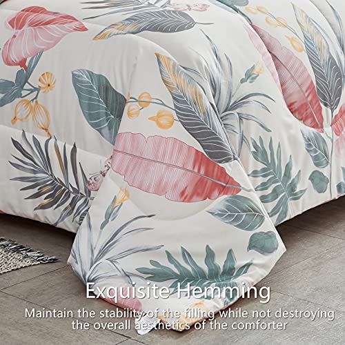 AIKASY Pink Queen Comforter Set with Sheets,Bed in a Bag 7-Pieces,Palm Tree Totem Printing Design,Ultra Soft Down Alternative All Season Bedding Set(Queen, Pink)