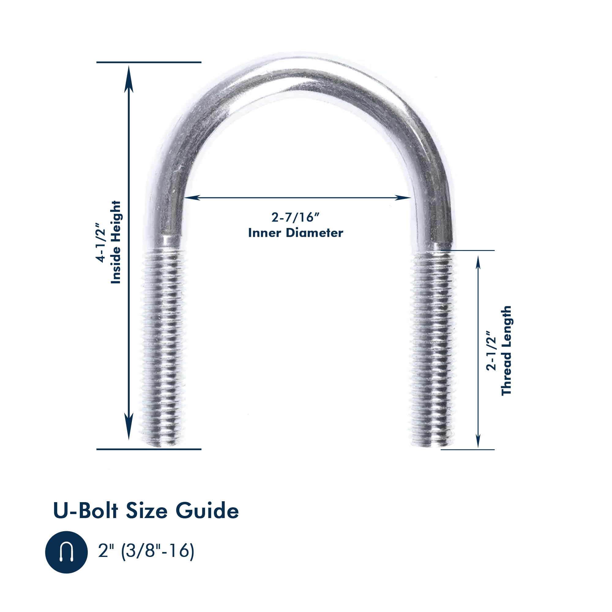 U-Turn - 2 inch Pipe Size U-Bolt with Nuts, 304 Stainless Steel (2-7/16 inch ID) (2 Pieces)