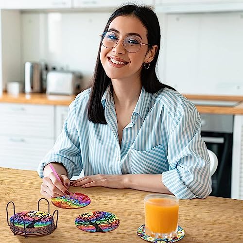 8 PCS Diamond Painting Coasters kit with Holder-Colorful Tree Diamond dot Art Coasters for Adults Kids Beginners,DIY Art and Crafts Gift